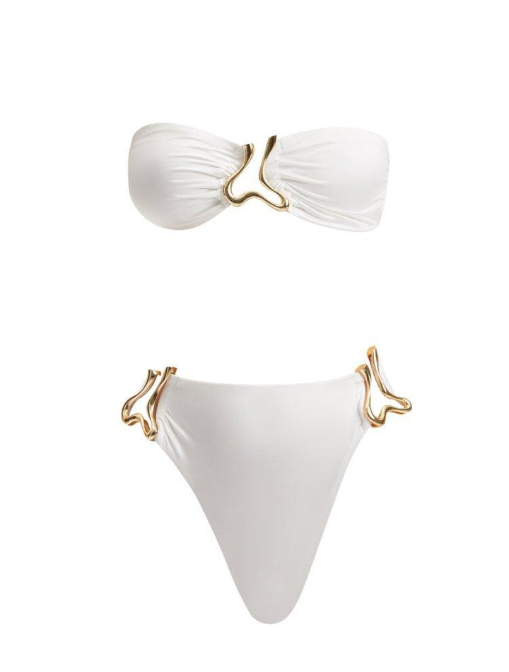 Luxury Clyde White Bikini Set - Italian Fabric, Gold Accents, Bandeau ...